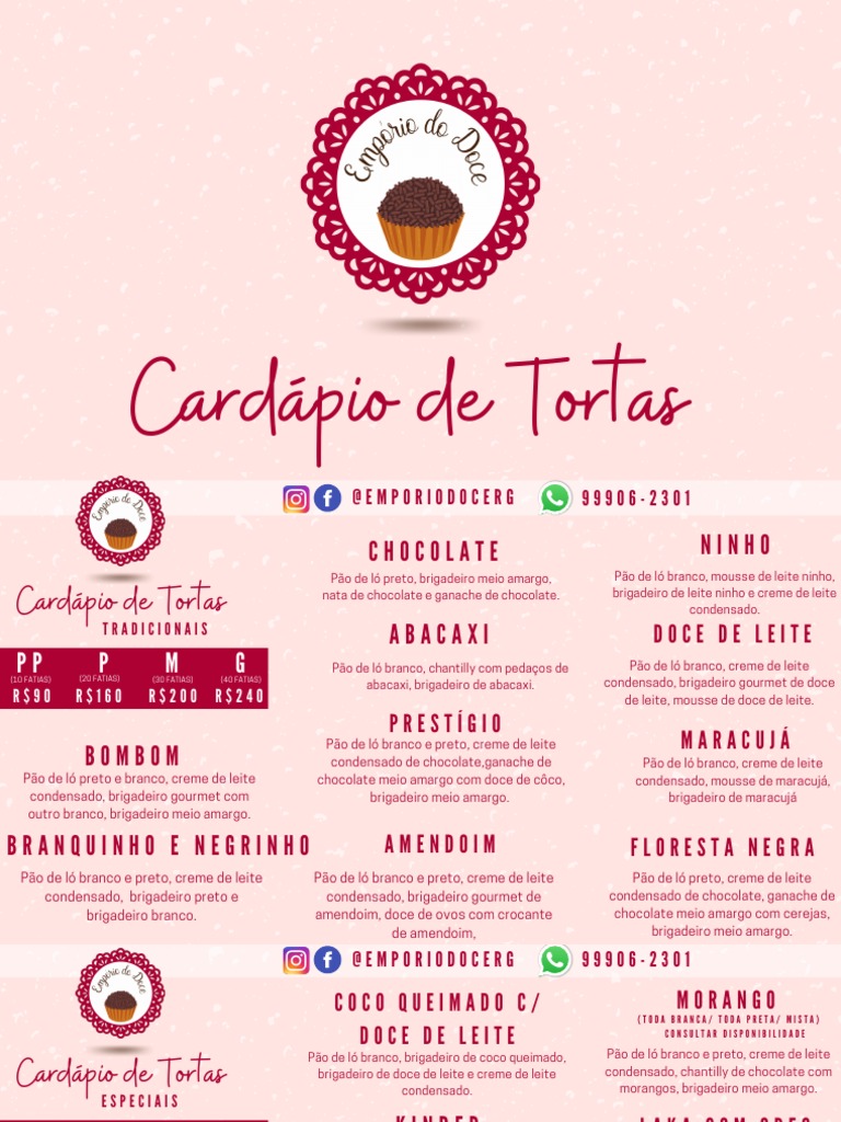 Cardápio de Tortas e Doces | PDF | Chocolate | Culinária mesoamericana