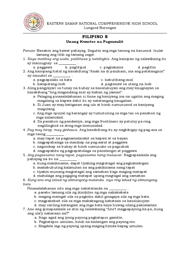 Fil 8 Pagsusulit Q1 2022 2023 | PDF