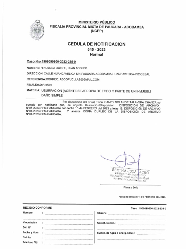 Cédula de Notificación 545-2023 | PDF