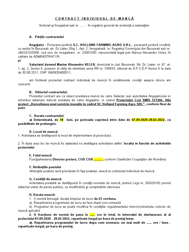 Model - Contract de Munca Proiect | PDF