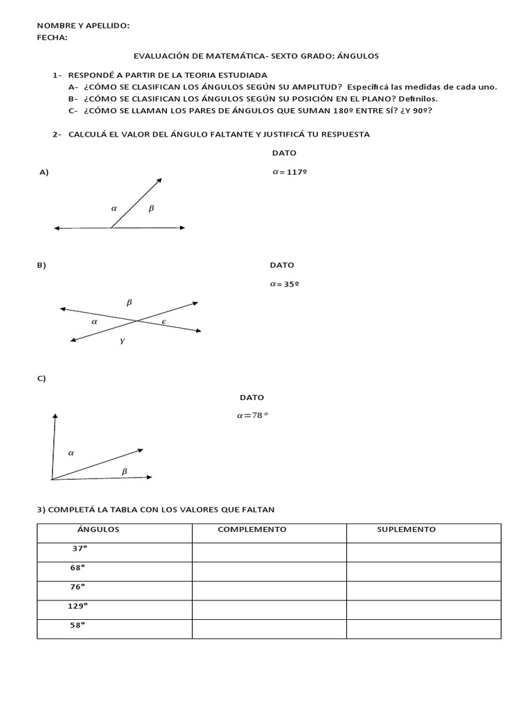 Evaluación de Ángulos para Sexto Grado | PDF