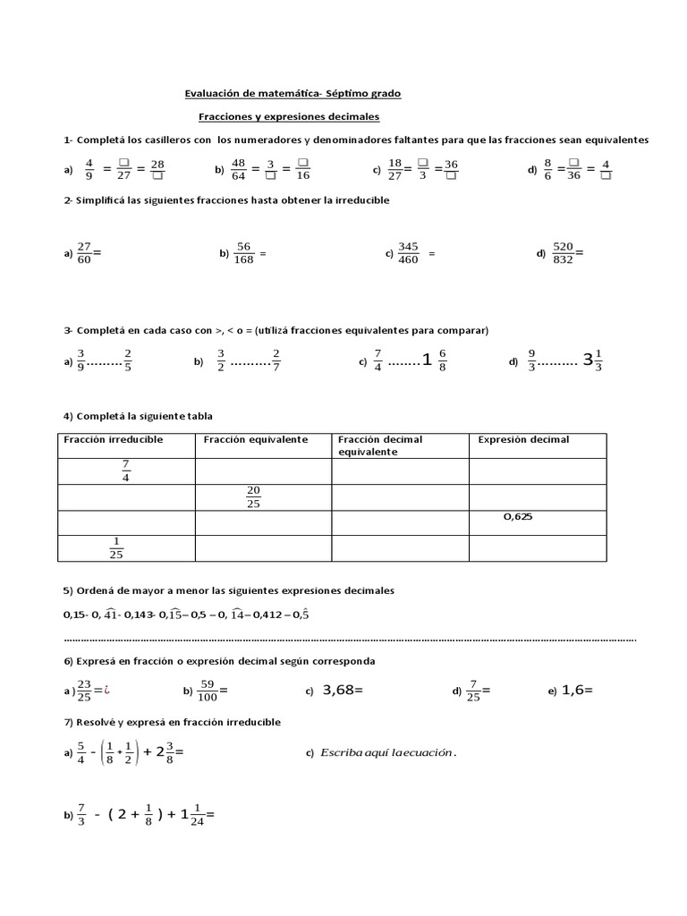 Evaluación de Matemática Septimo Grado Fracciones | PDF | Convenciones de nombres | Conceptos ...