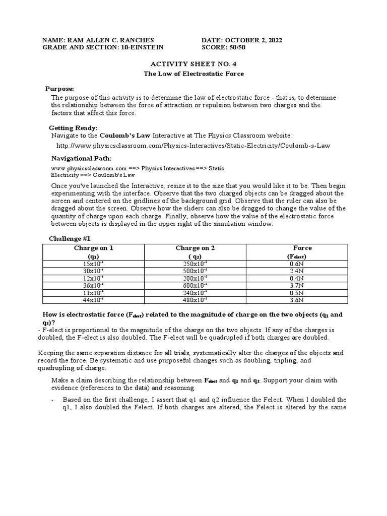 Ram Allen C. Ranches Activity4 Electrostatic Force | PDF ...