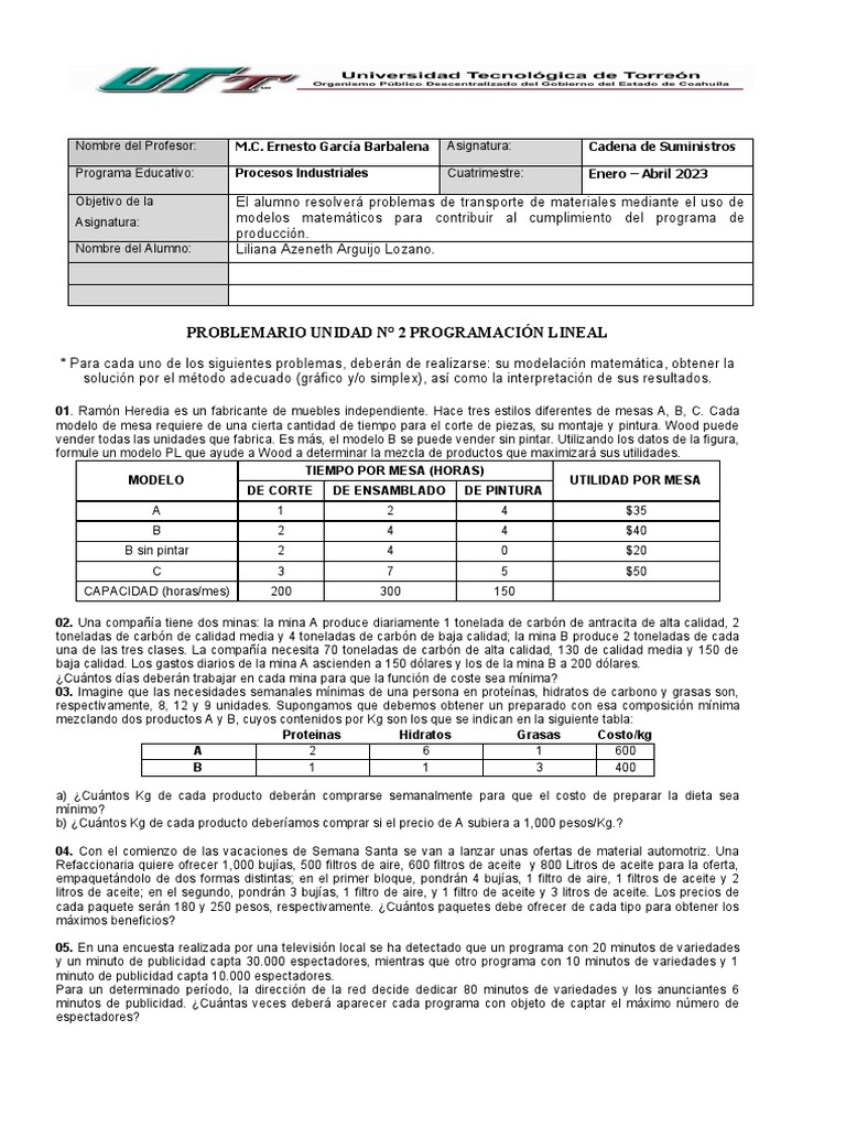 Problemario U2 | PDF