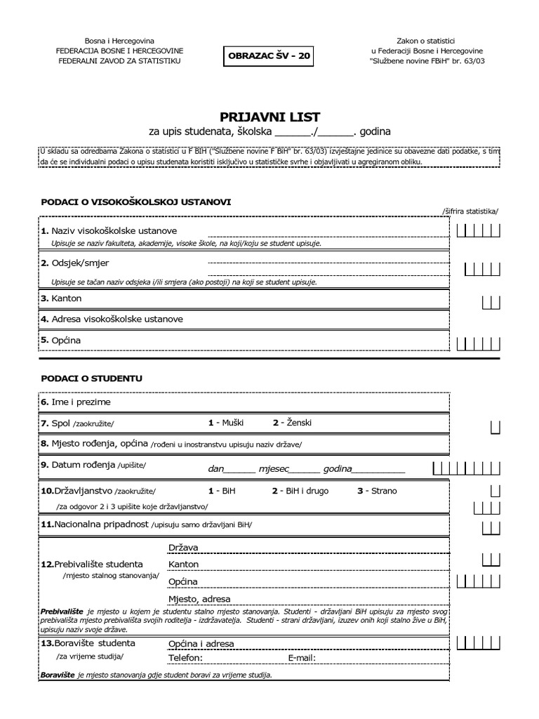 Prijavni List Sv_20 Bos | PDF