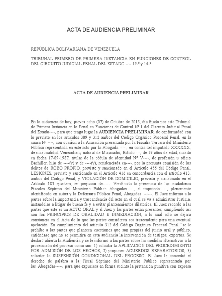 Acta de Audiencia Preliminar | PDF | Derecho penal | Fiscal