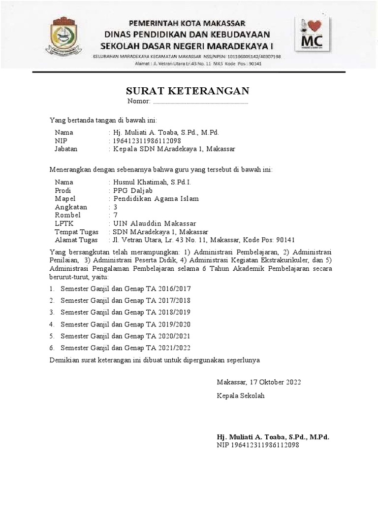 CTH Surat Keterangan Administrasi Pelaksanaan Pembelajaran | PDF