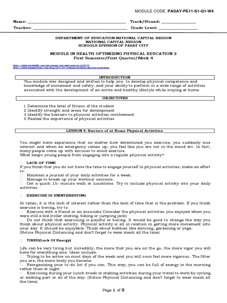 5 Pasay Pe11 S1 Q1 W4 | PDF | Physical Fitness | Physical Education