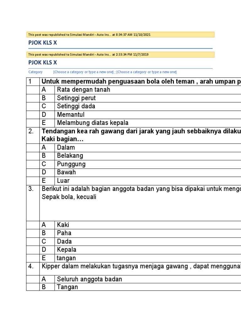 Mata Pelajaran Pjok KLS X (Soal Ujian) | PDF