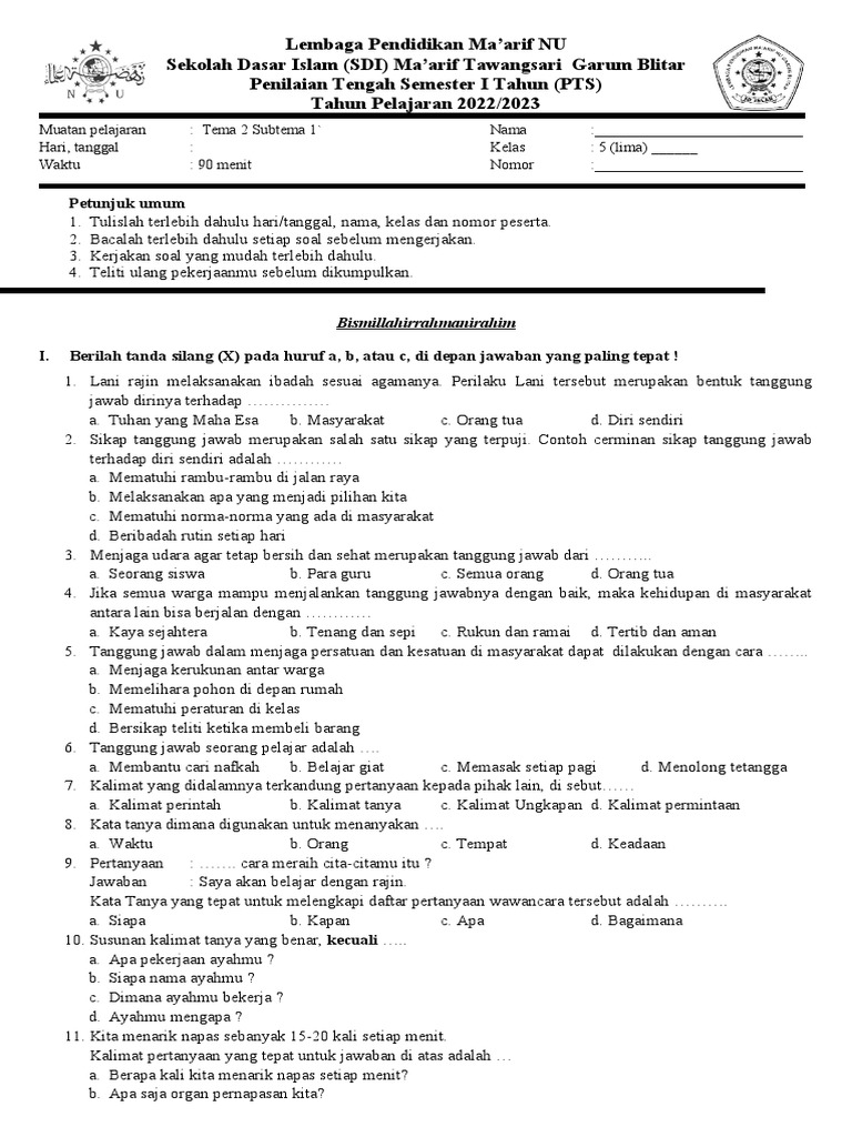 SOAL PTS KELAS 5 TEMA 2 SUBTEMA 1 Fiks | PDF