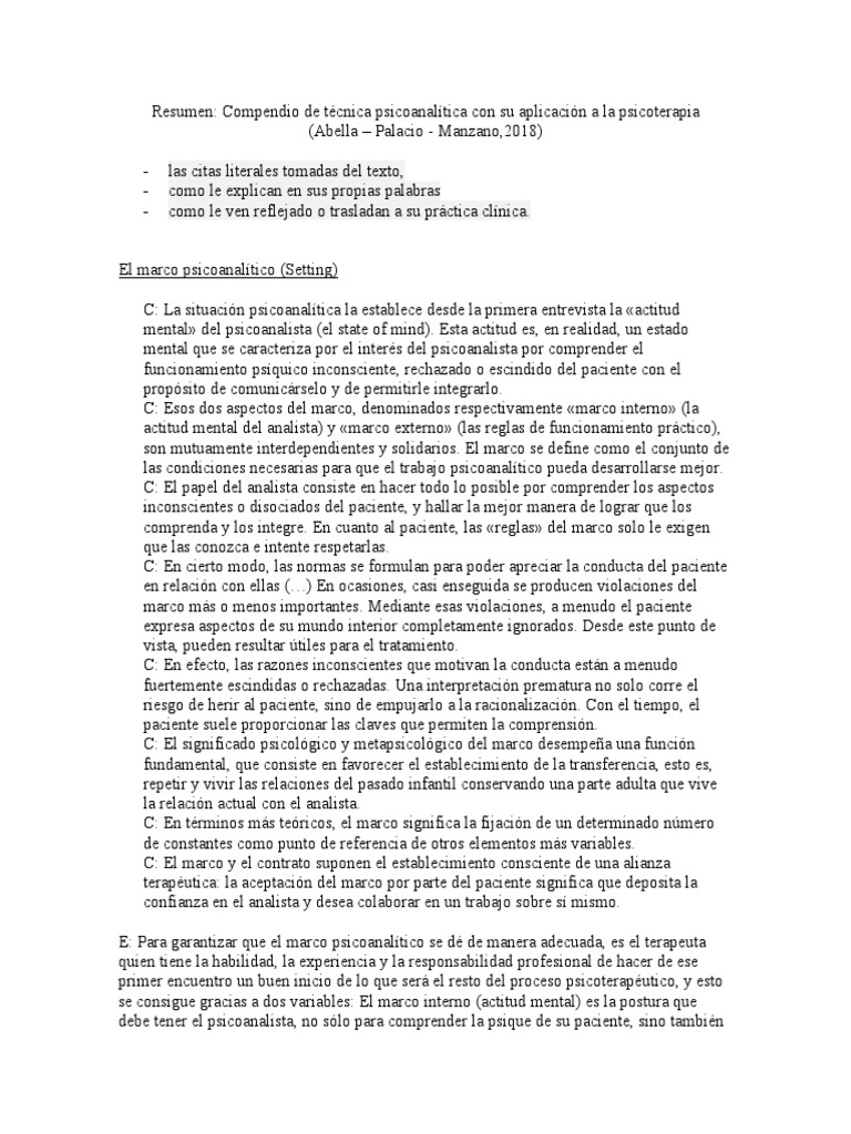 Resumen Compendio Técnica Psicoanalítica | PDF | Psicoanálisis | Trauma psicólogico