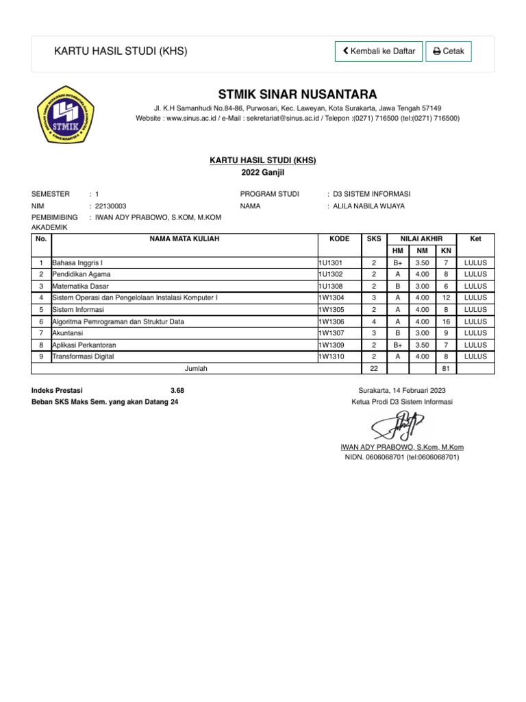 KARTU HASIL STUDI (KHS) | PDF