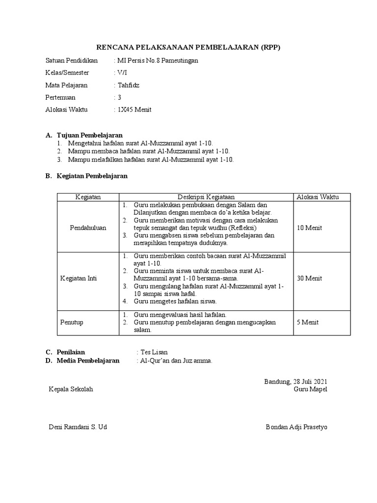 RPP Tahfidz MI | PDF