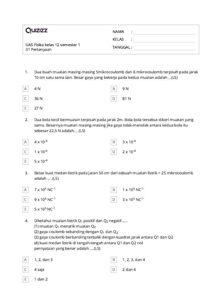 UAS Fisika Kelas 12 Semester 1 | PDF
