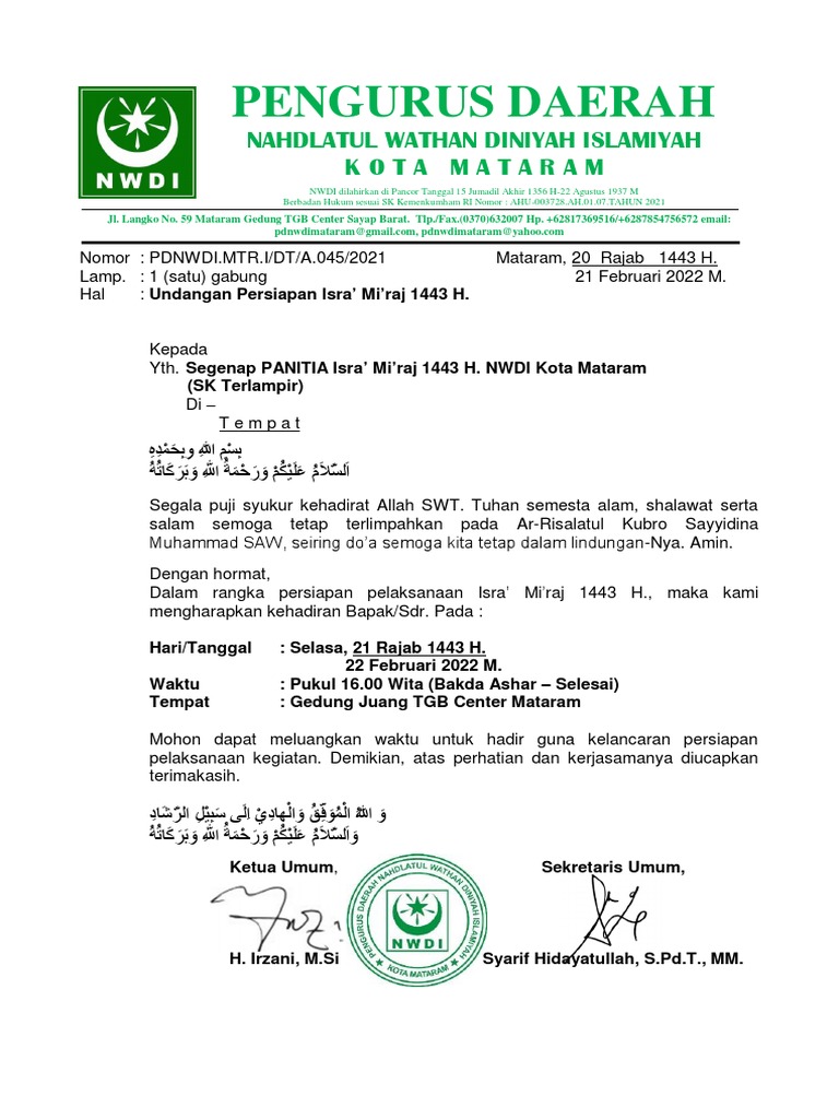 Undangan Rapat Persiapan Isra' Mi'raj 1443 H. - Nwdi Mataram - 2022-1 | PDF