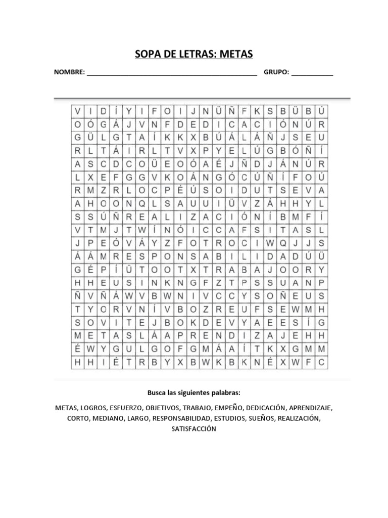 Palabras clave para alcanzar el éxito: una sopa de letras sobre metas ...
