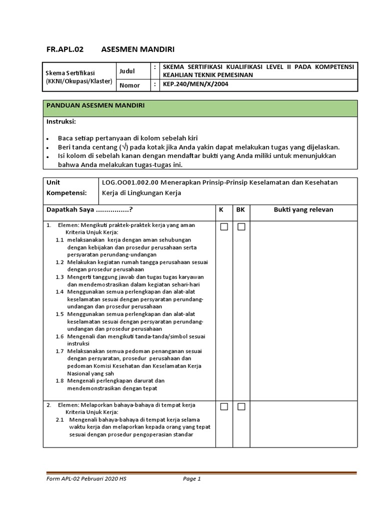 FR. APL-02. Asesmen Mandiri 2020 | PDF