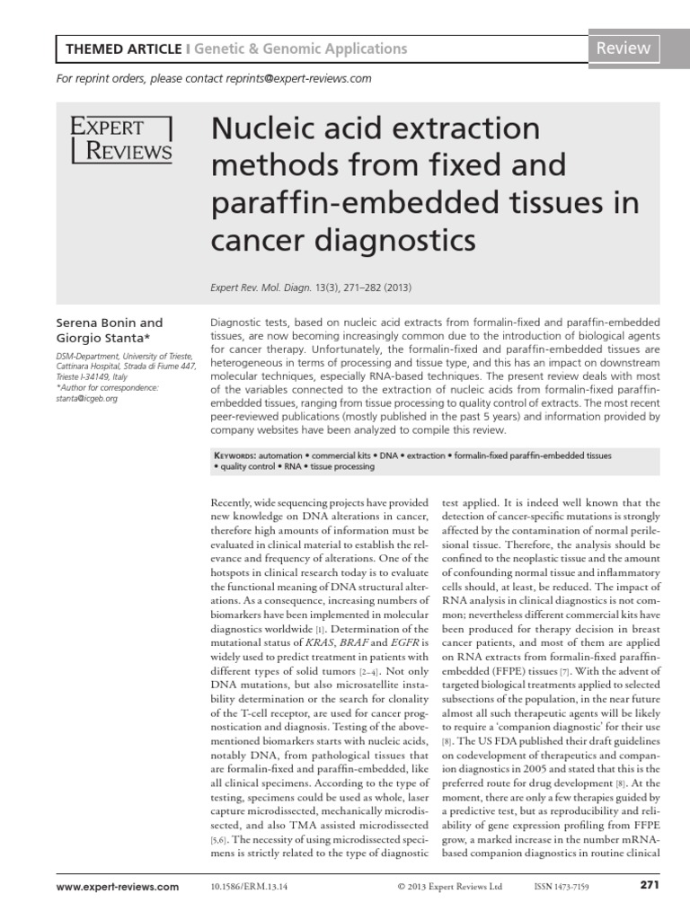 2013 Nucleic Acid Extraction Methods From Ffpe Samples In Cancer Diagnosis Pdf