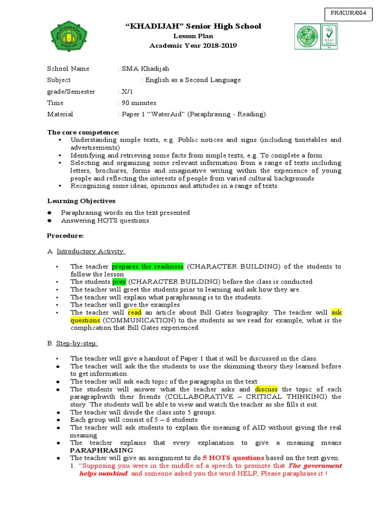 ESL Paraphrasing Lesson Plan | PDF | English As A Second Or Foreign ...