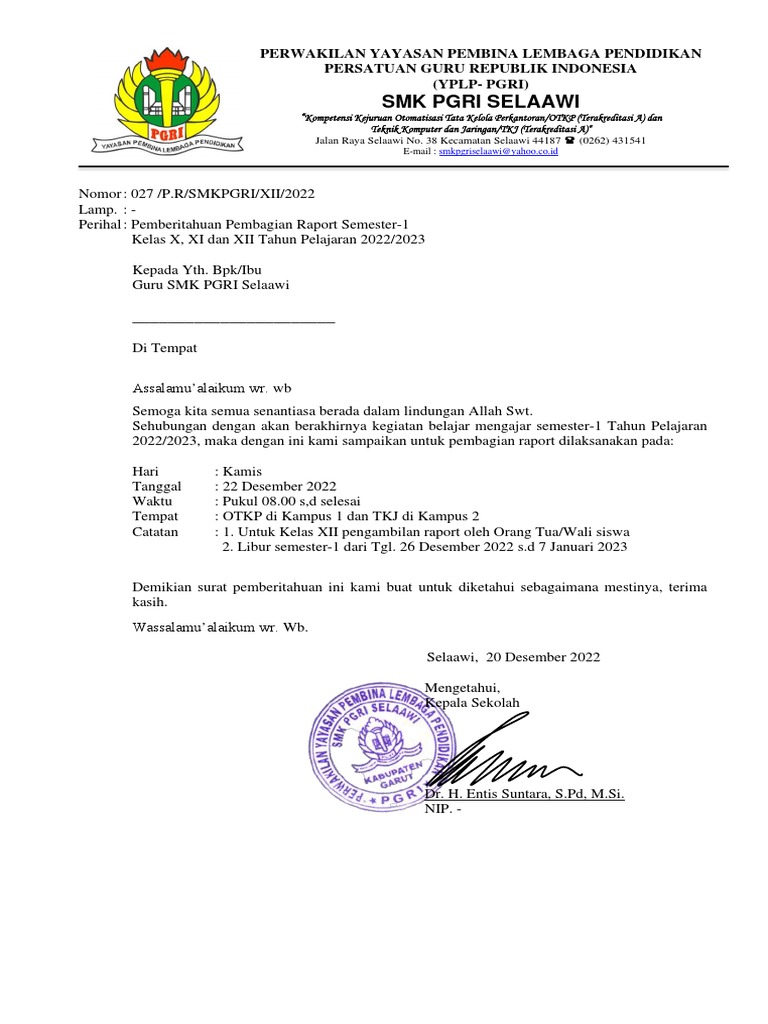Pemberitahuan Pembagian Raport SMK PGRI | PDF