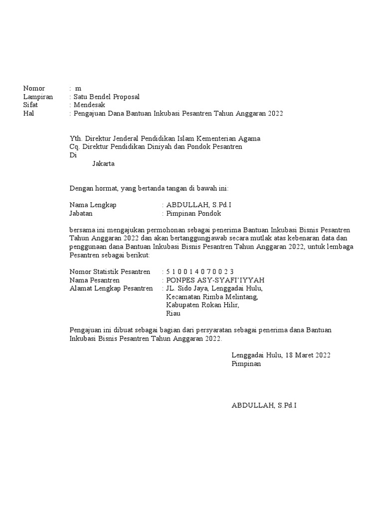 Surat Permohonan Inkubasi Bisnis | PDF