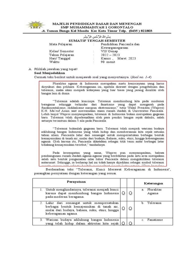 SOAL PTS GENAP KELAS 7 - PG/PGK/AKM (2023 Maret) | PDF