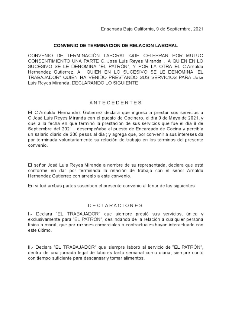 Convenio de Terminacion de Relacion Laboral | PDF