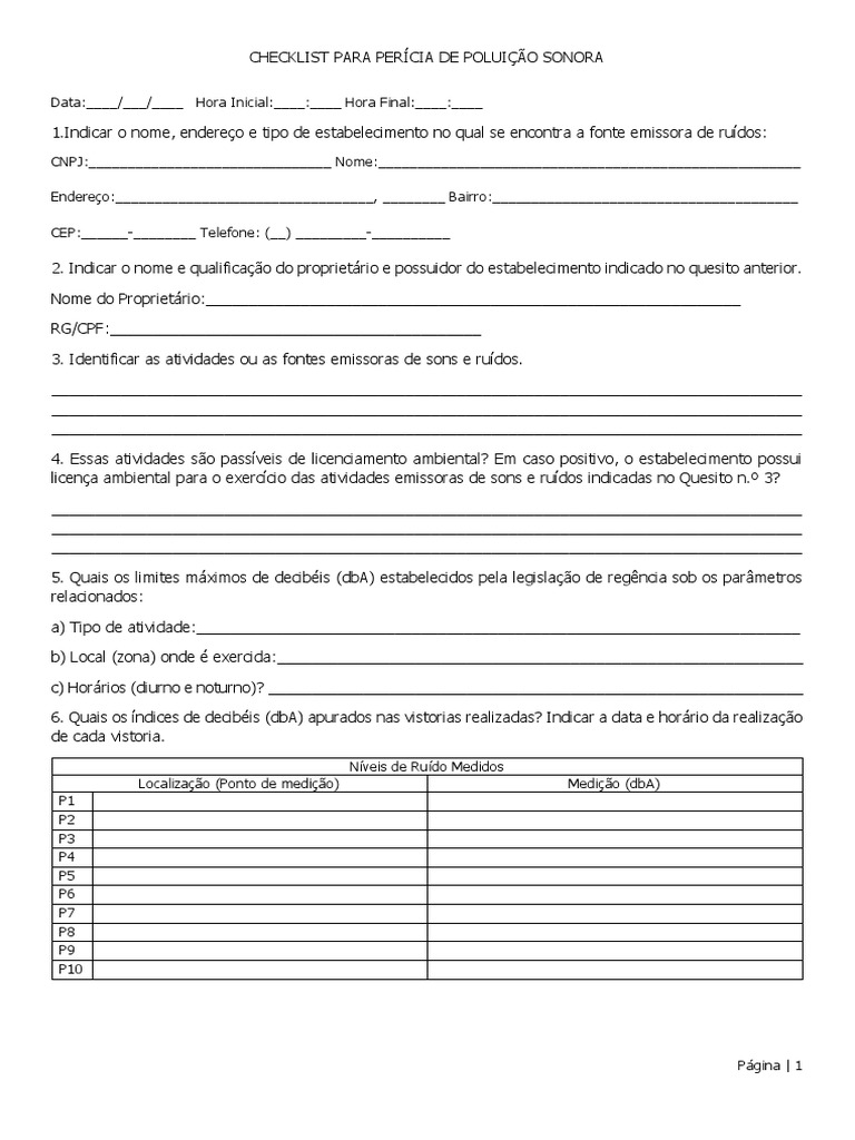 Checklist para Verificação de Poluição Sonora de Acordo Com A NBR 10. ...
