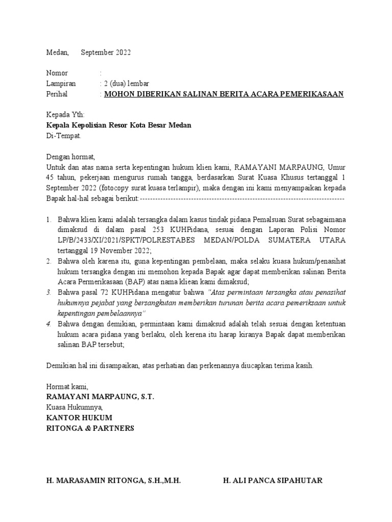 Surat Permohohonan Turunan BAP | PDF