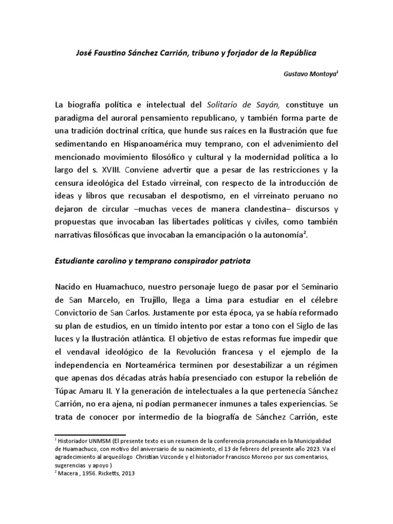 José Faustino Sánchez Carrión: Tribuno Republicano | PDF | Perú | República