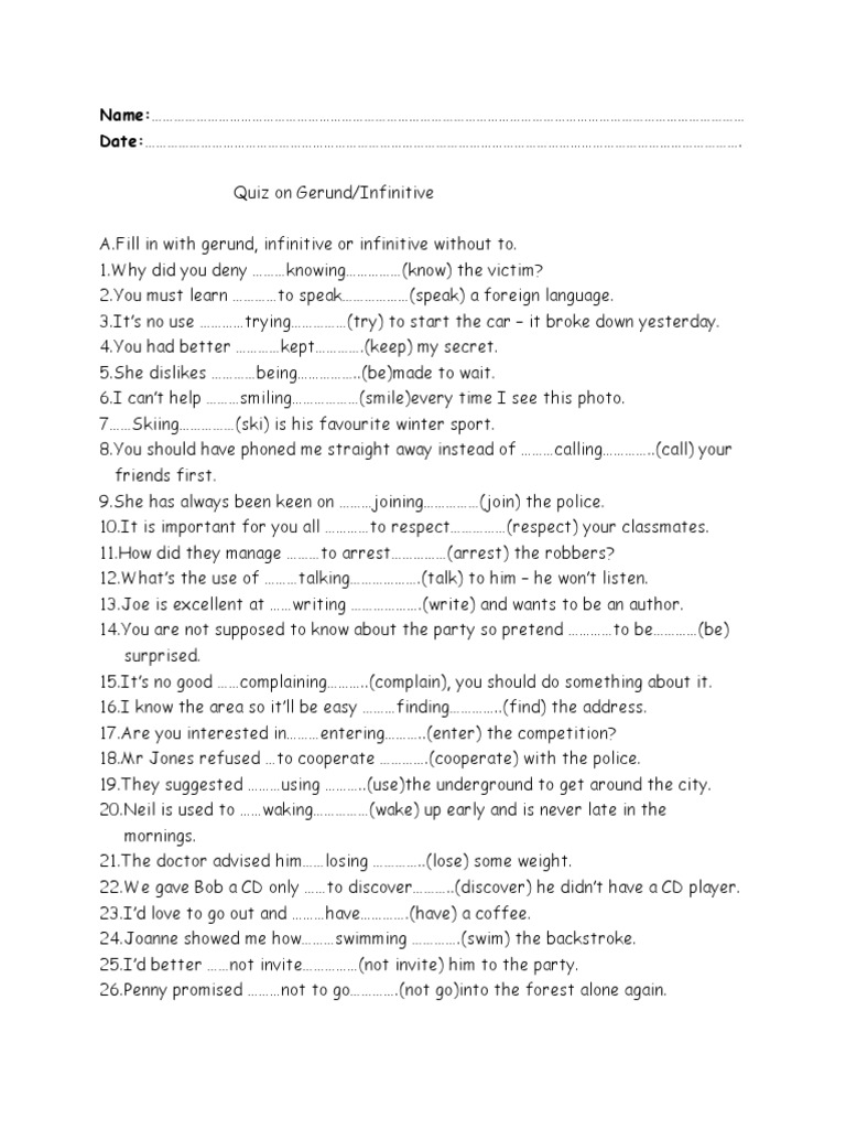Quiz On Gerund-Infinitive | PDF