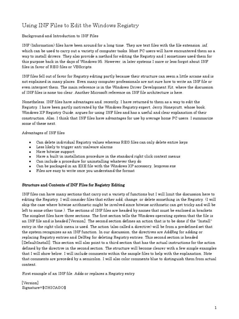 INF Files for Windows Registry Edits | PDF | Windows Registry ...