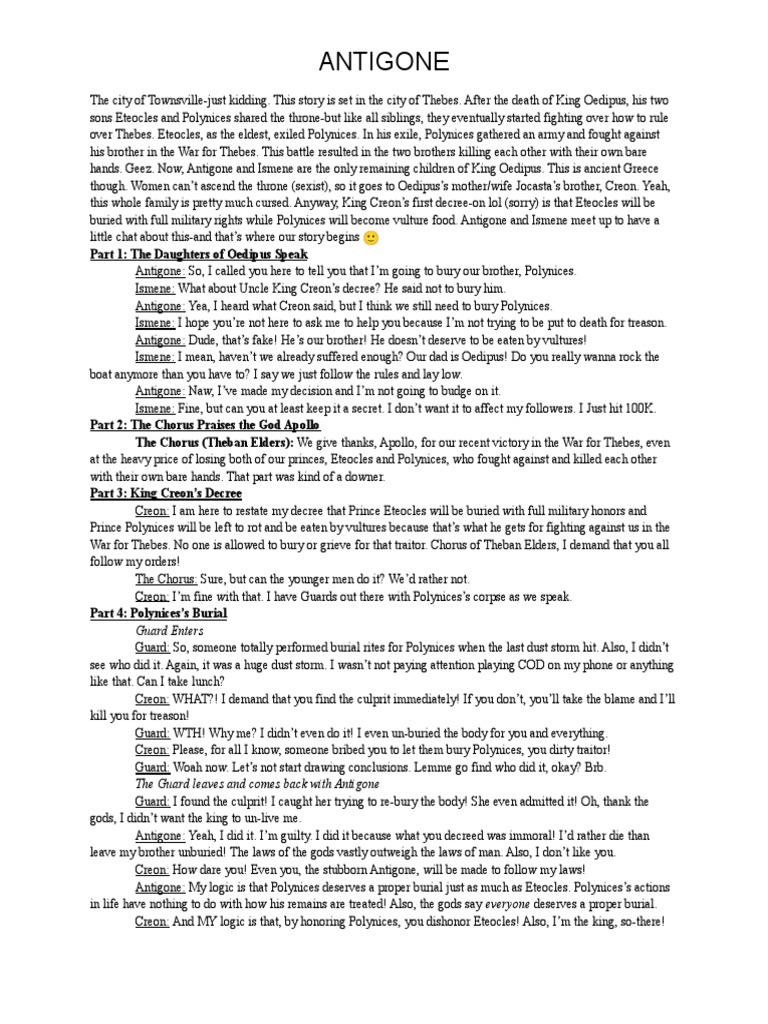 Antigone Summary Handout | PDF | Oedipus | Theban Mythology