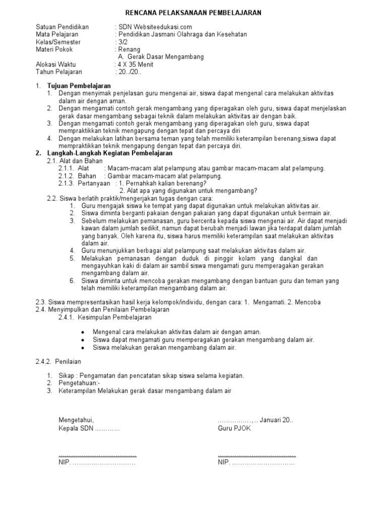 RPP 1 Lembar PJOK Kelas 3 Renang | PDF