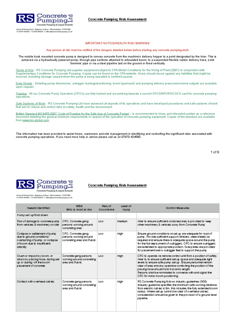 RS Concrete Pumping Risk Assessment | PDF | Concrete | Pump