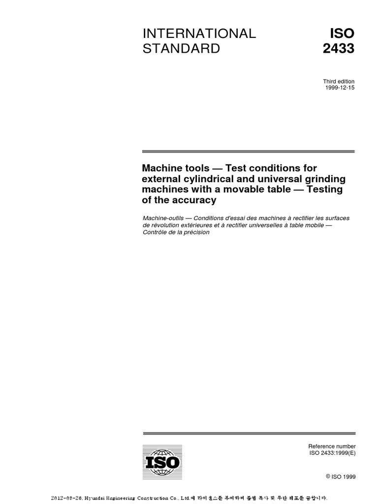 ISO 2433-1999 Machine Tools - Test Conditions For External Cylindrical ...