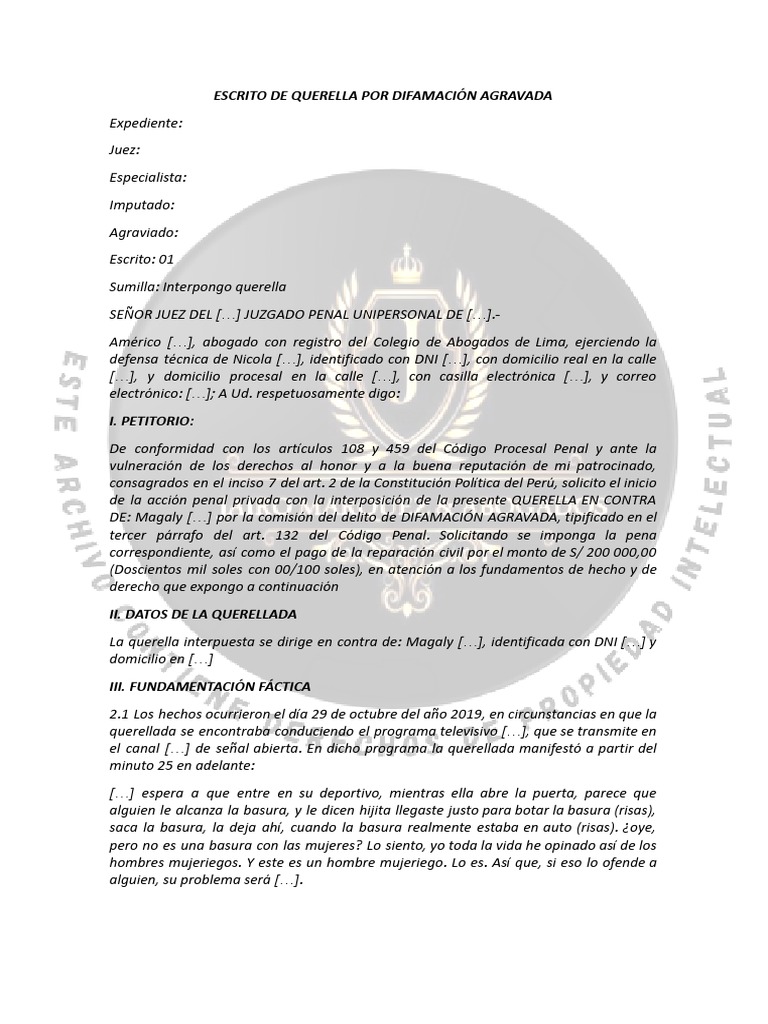 Escrito de Querella Por Difamación Agravada | Descargar gratis PDF | Queja | Daños y perjuicios