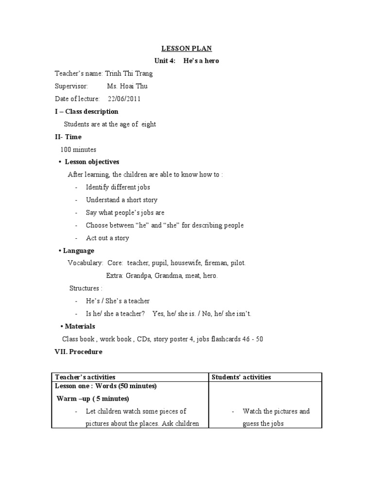 Lesson Plan Unit 4: He's A Hero | PDF | Lesson Plan | Reading Comprehension