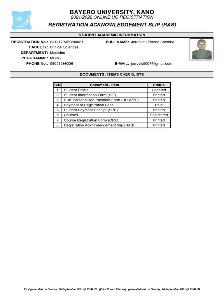 BUK 2021/22 UG Registration Acknowledgement | PDF