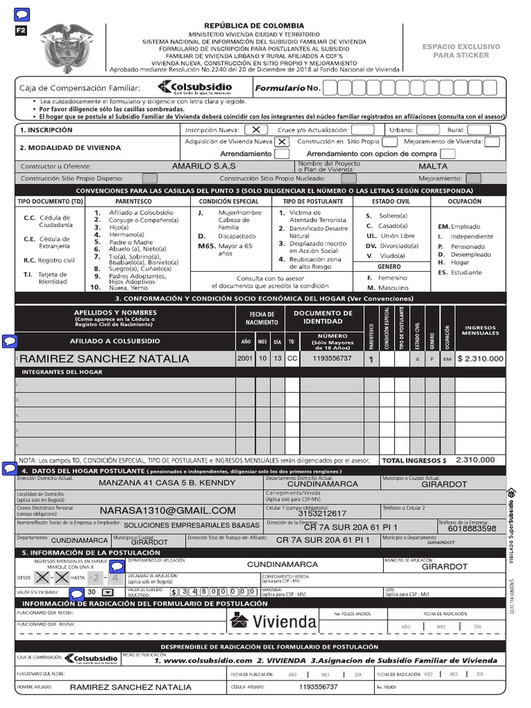 Formulario Postulacion Subsidio Vivienda Colsubsidio Radicacion Digital ...