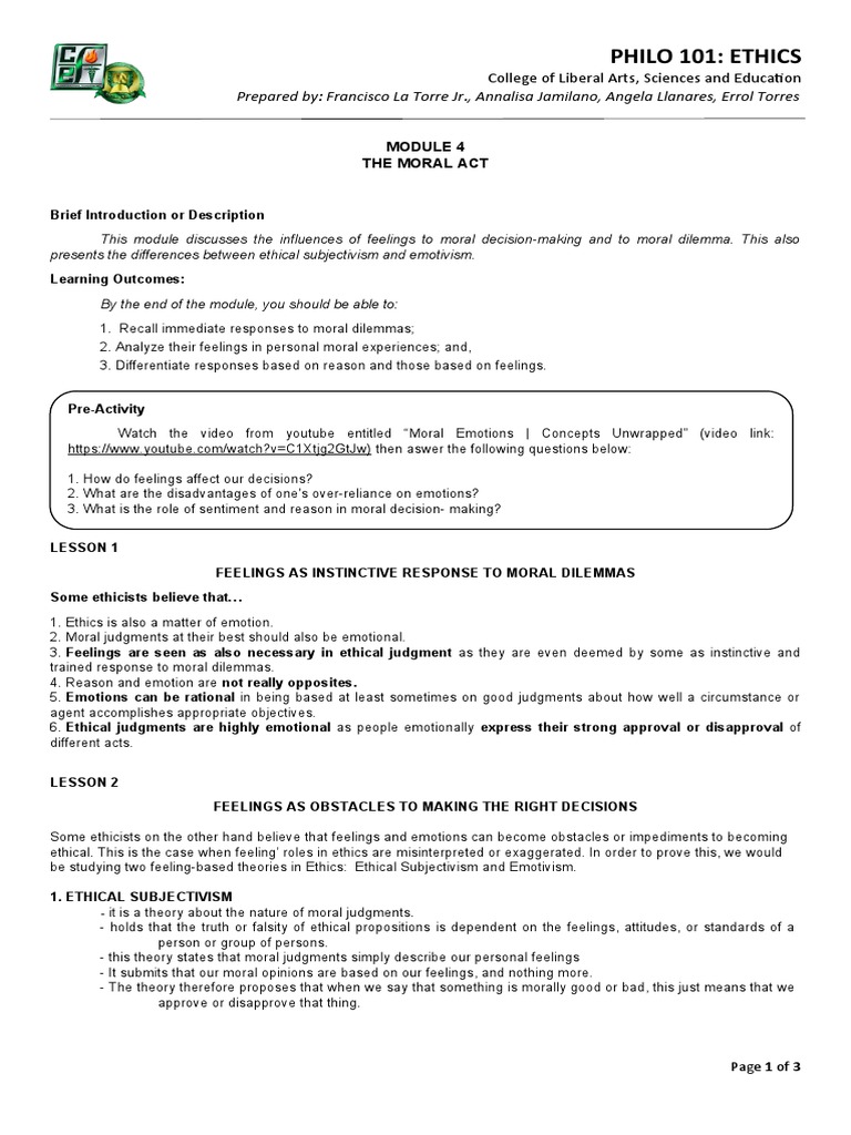 Philo101. Ethics Module 4 | PDF | Metaphysics Of Mind | Cognitive Psychology