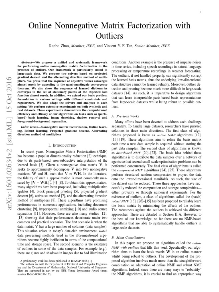 Online Nonnegative Matrix Factorization With Outliers | PDF | Matrix (Mathematics) | Outlier