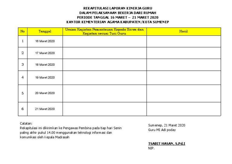 Rekap Kinerja Guru Selama WFH | PDF