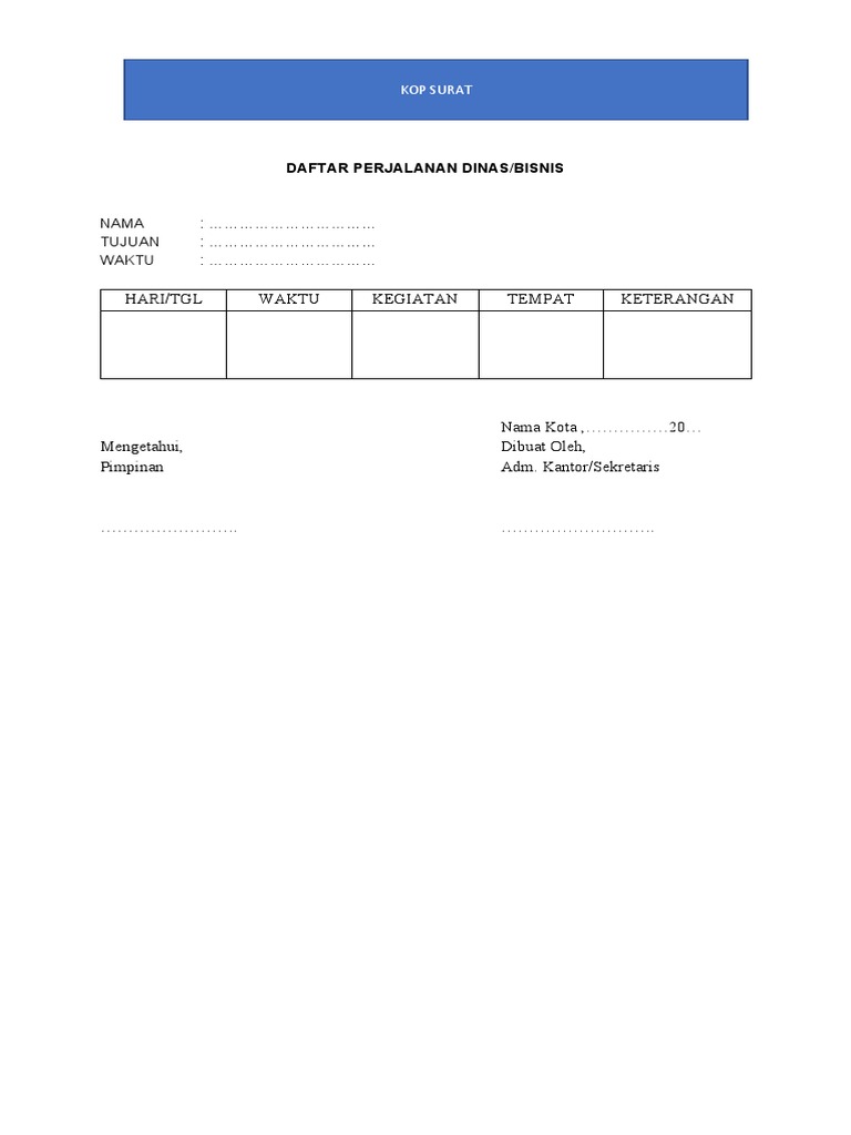 Form Jadwal Perjalanan Dinas Pdf