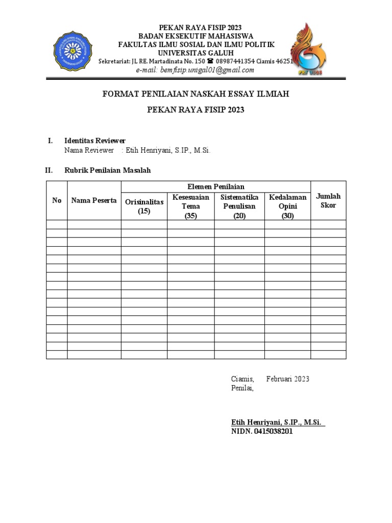 Format Penilaian Naskah Essay Ilmiah (Kop) | PDF