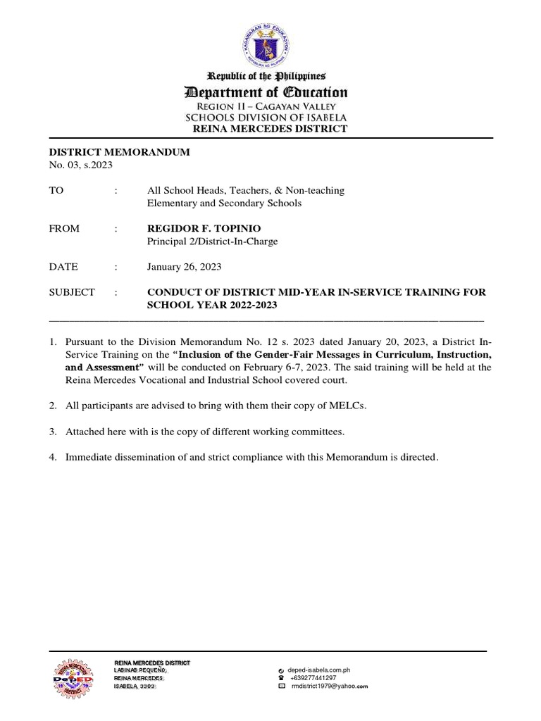 DISTRICT MEMORANDUM No 3 S. 2023 District INSET | PDF