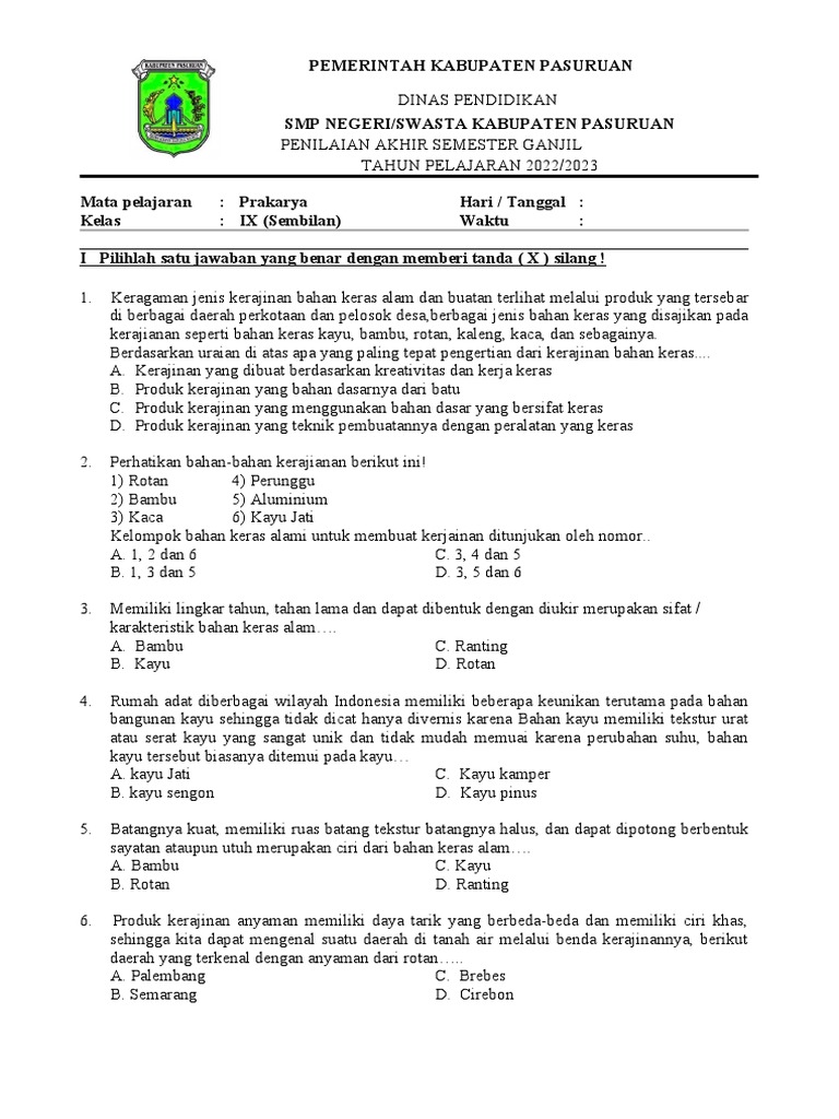 Pas Ganjil 2022 Kls 9 Soal Prakarya | PDF | Griya & Taman