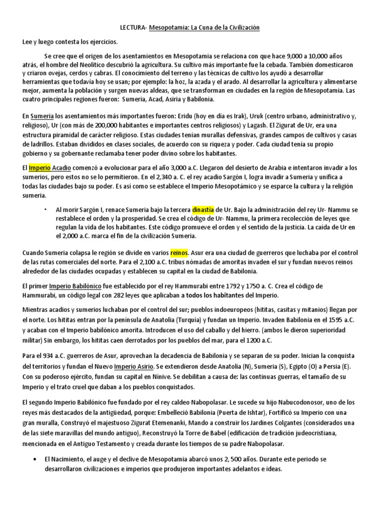 Lectura Mesopotamia La Cuna De La Civilización Pdf Babilonia