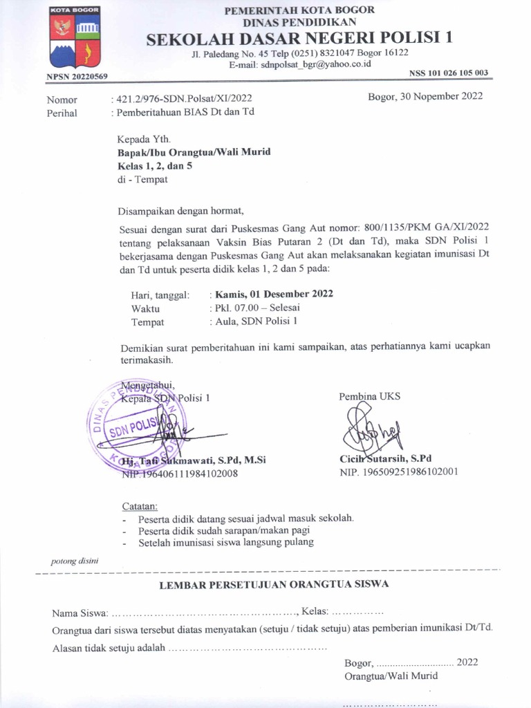Surat Pemberitahuan BIAS DT Dan TD - SDN Polisi 1 | PDF