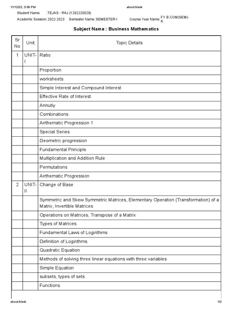 Business Mathematics Syllabus For 1st Semester | PDF | Matrix ...